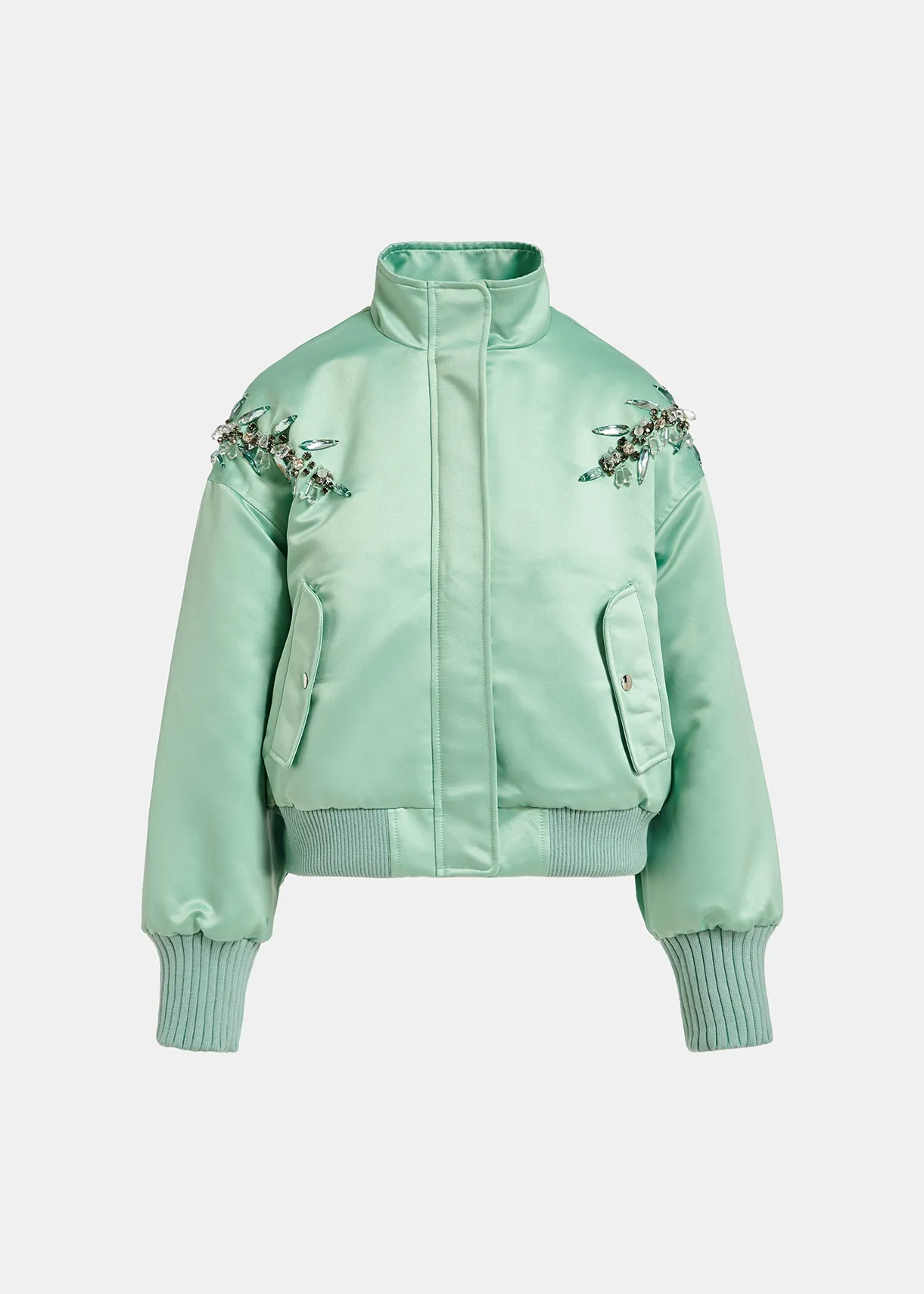 Mint green satin bomber jacket with rhinestone embellishments ...