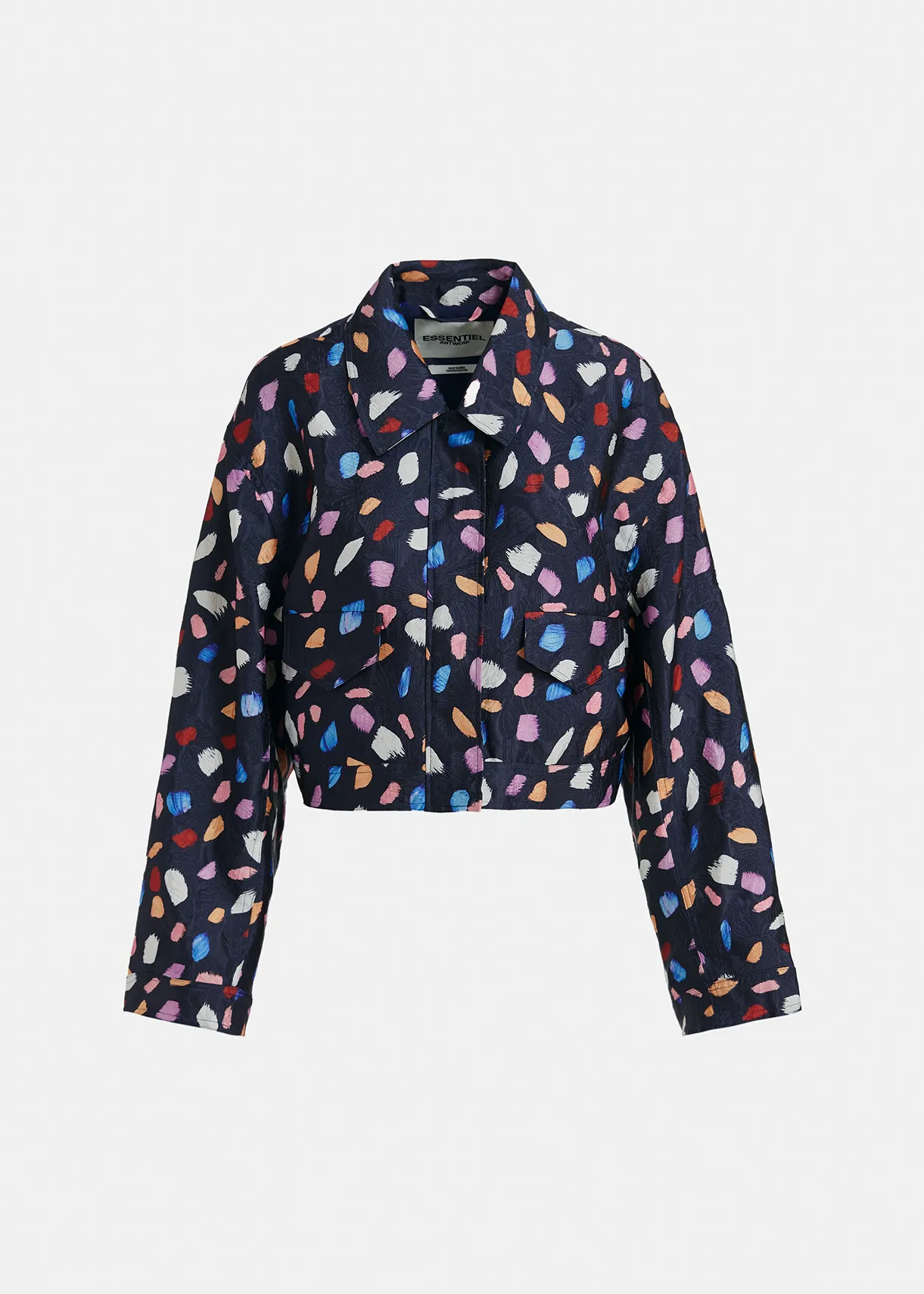 Navy blue cropped jacket with abstract print | Essentiel Antwerp United ...