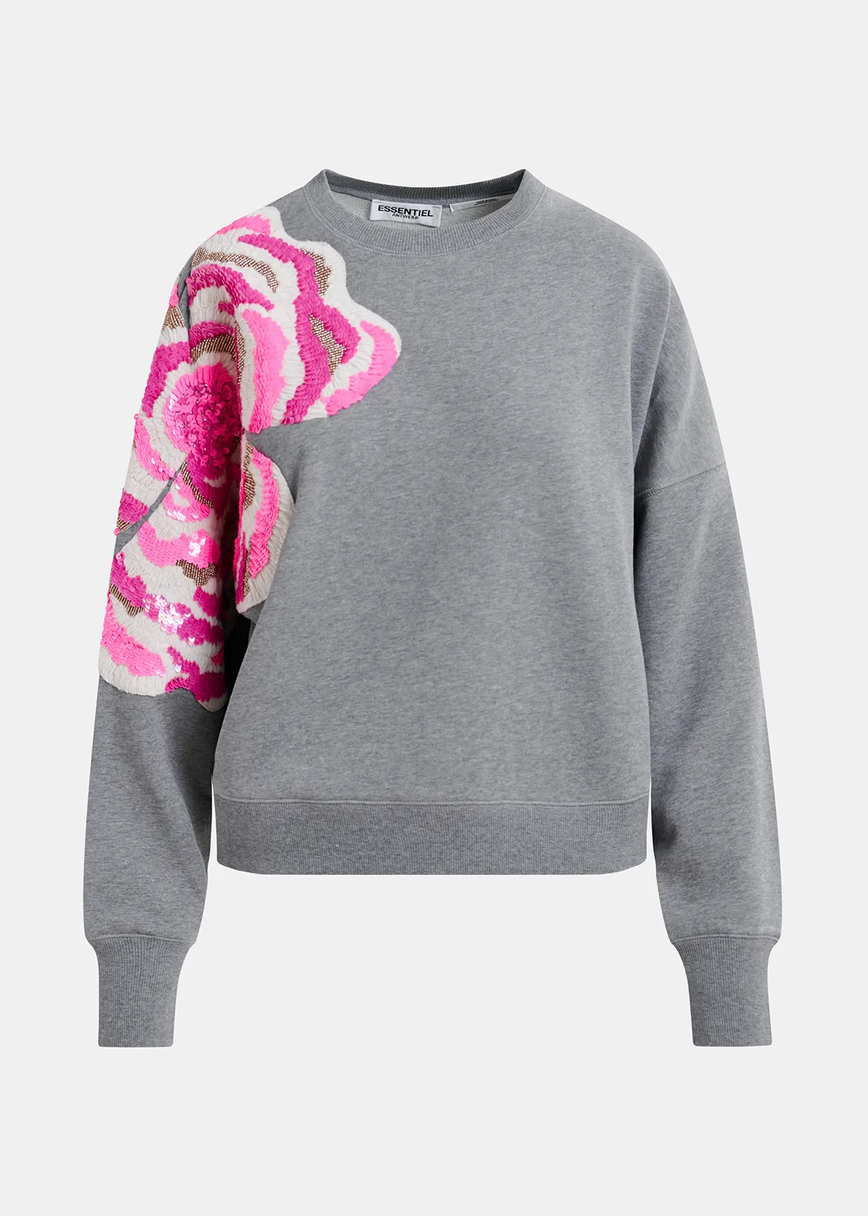 Grey organic cotton sweatshirt with sequin and bead embroideries ...