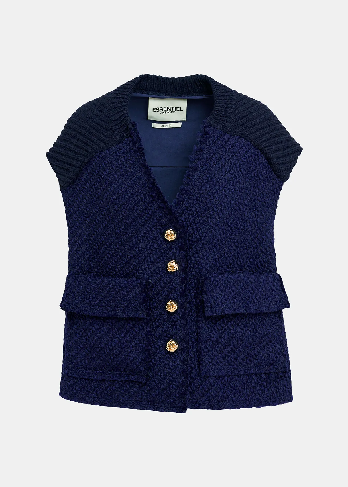 Navy blue sleeveless knitted jacket | Essentiel Antwerp United States