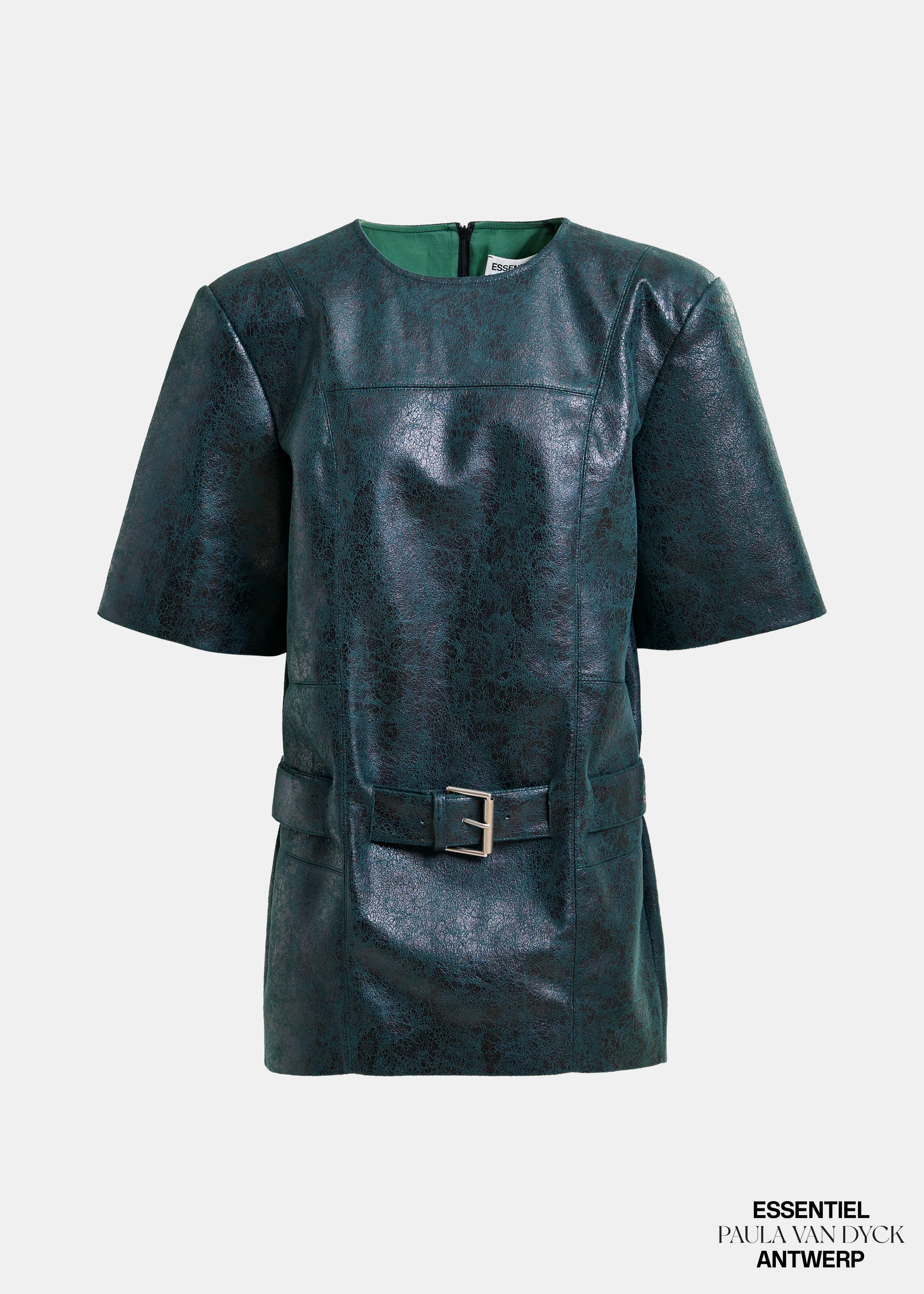 Donkergroene mini-jurk met gespsluiting | Essentiel Antwerp België