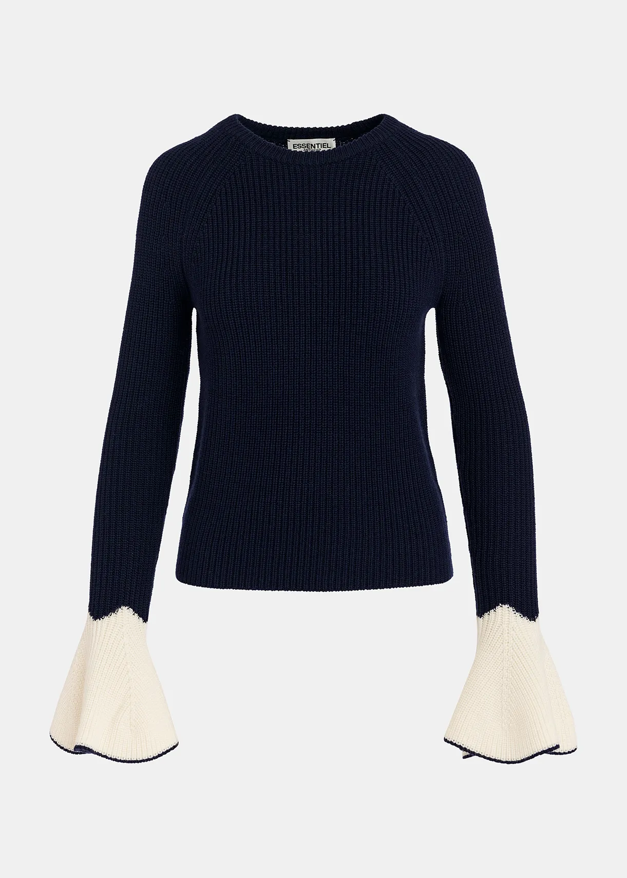 Navy blue rib-knitted sweater with flared cuffs | Essentiel Antwerp ...