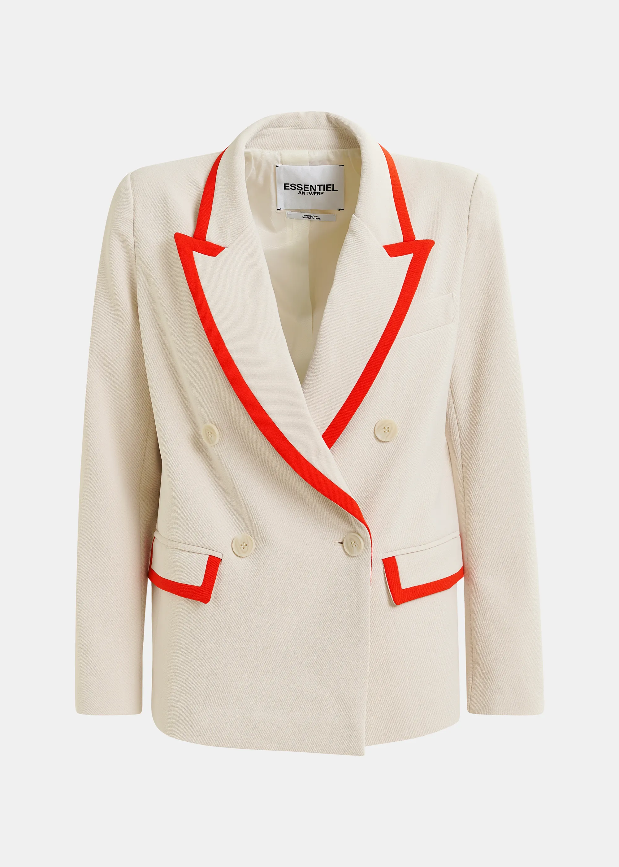Off-white and red double-breasted blazer with contrasting trims ...
