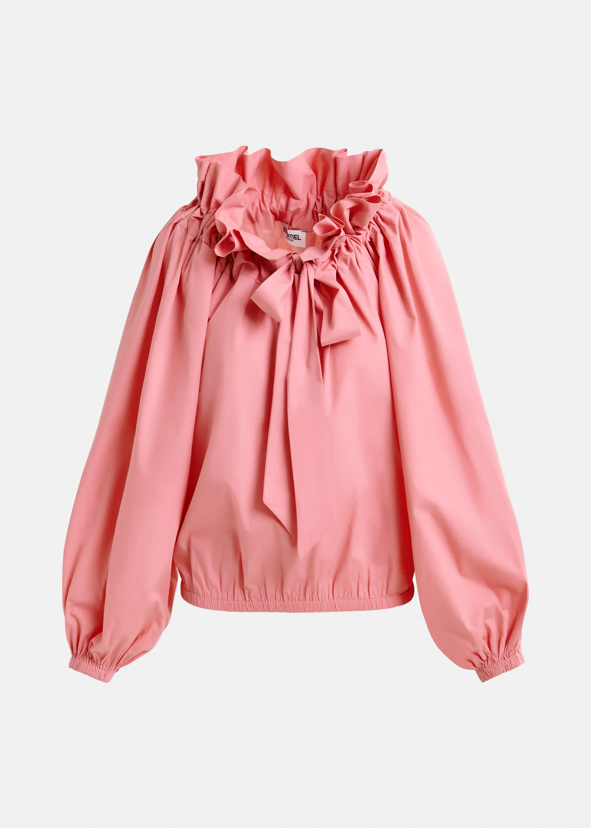 Pink cotton top with ruffle details, voluminous sleeves, and self-tie ...