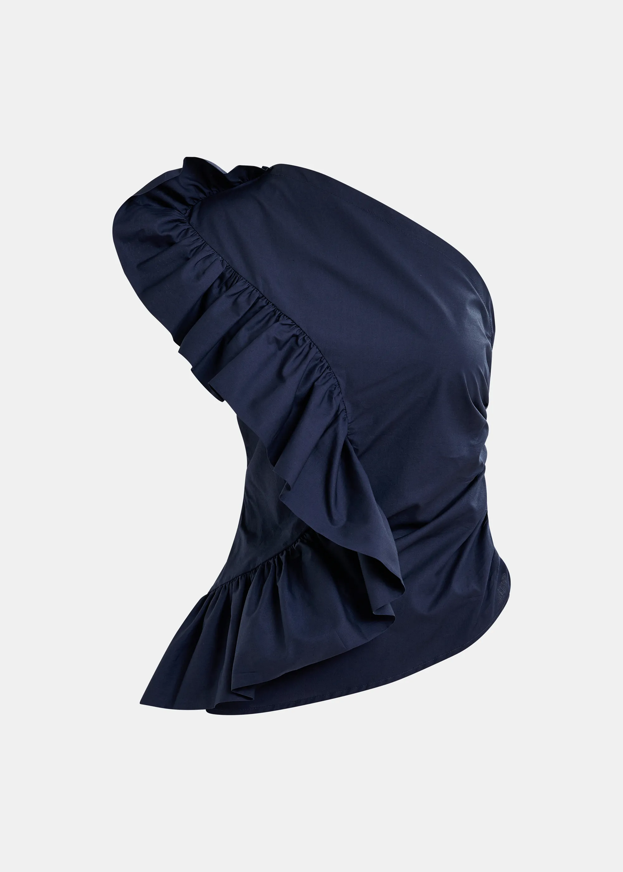 Dark blue one-shoulder asymmetrical cotton top with ruffles | Essentiel ...