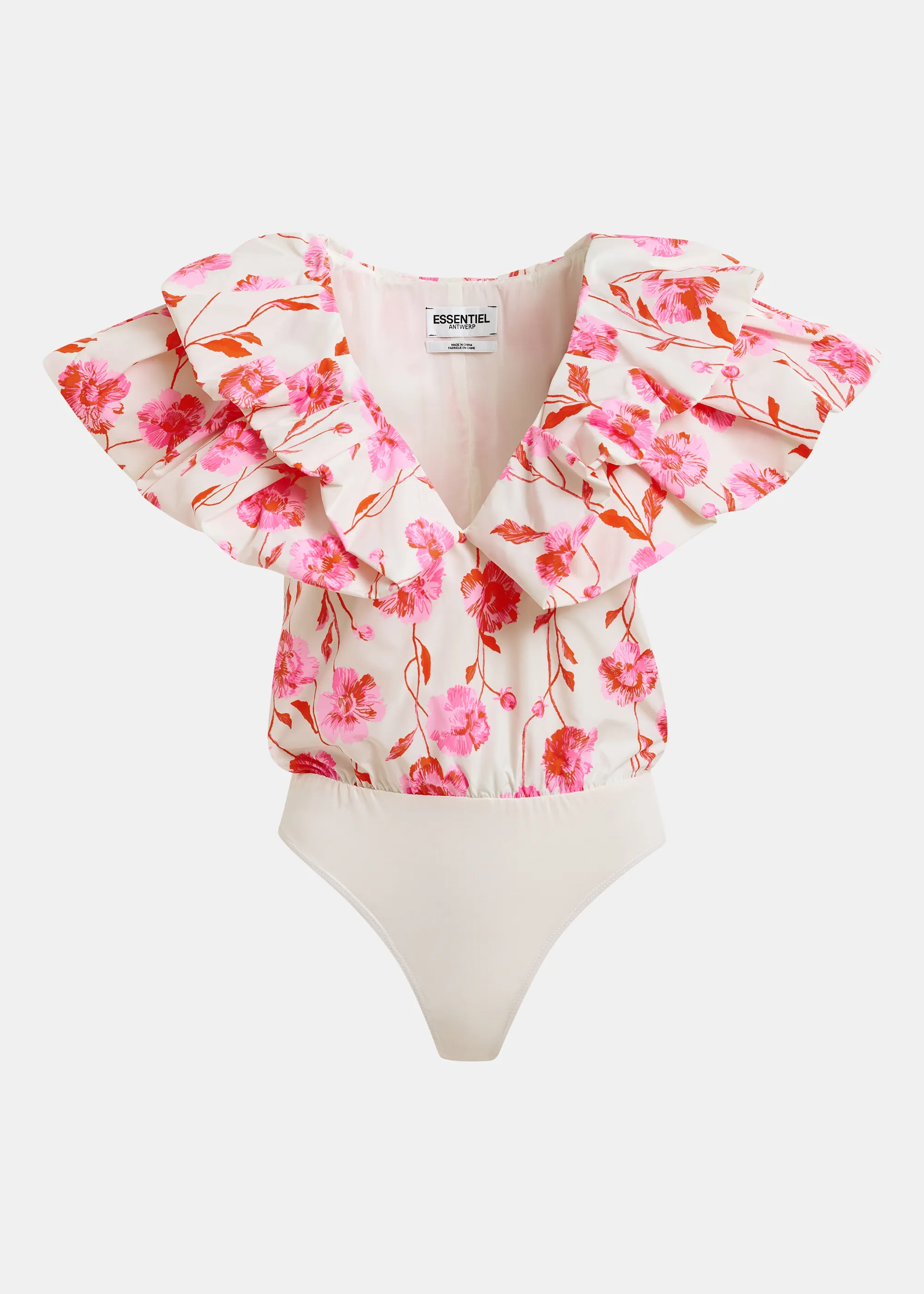 Gebroken witte, rode en roze body met V-hals en volants | Essentiel ...