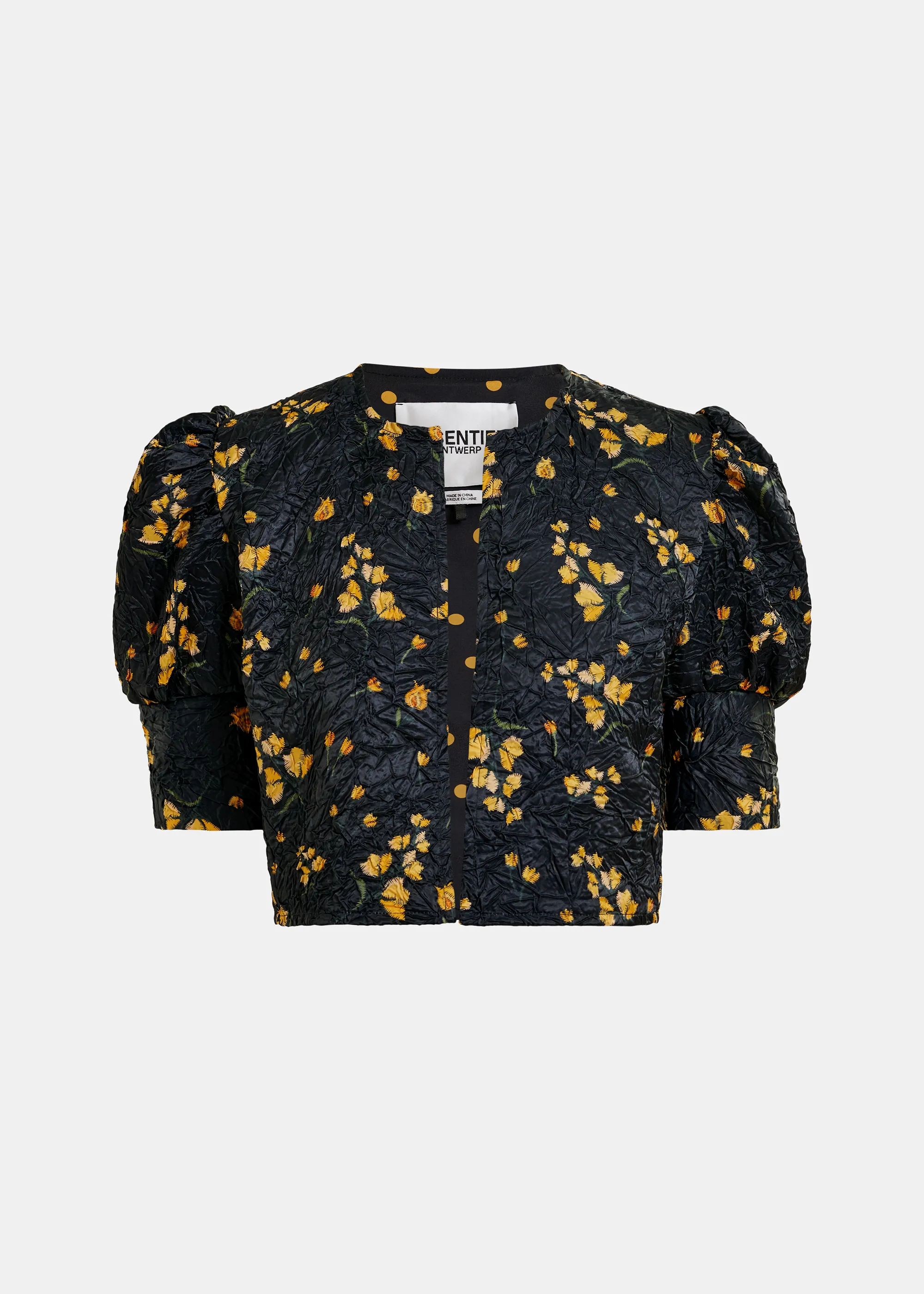 Black floral-print cropped jacket with puffed shoulders | Essentiel ...