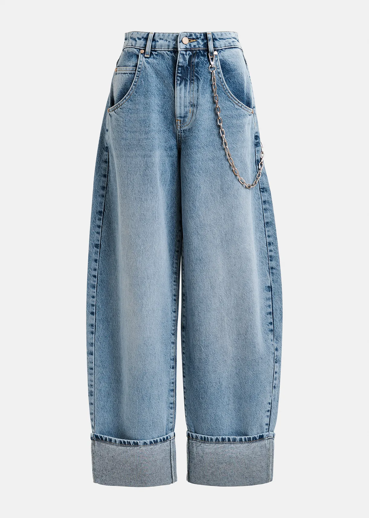 Blue balloon-fit jeans with folded cuffs and detachable chain ...