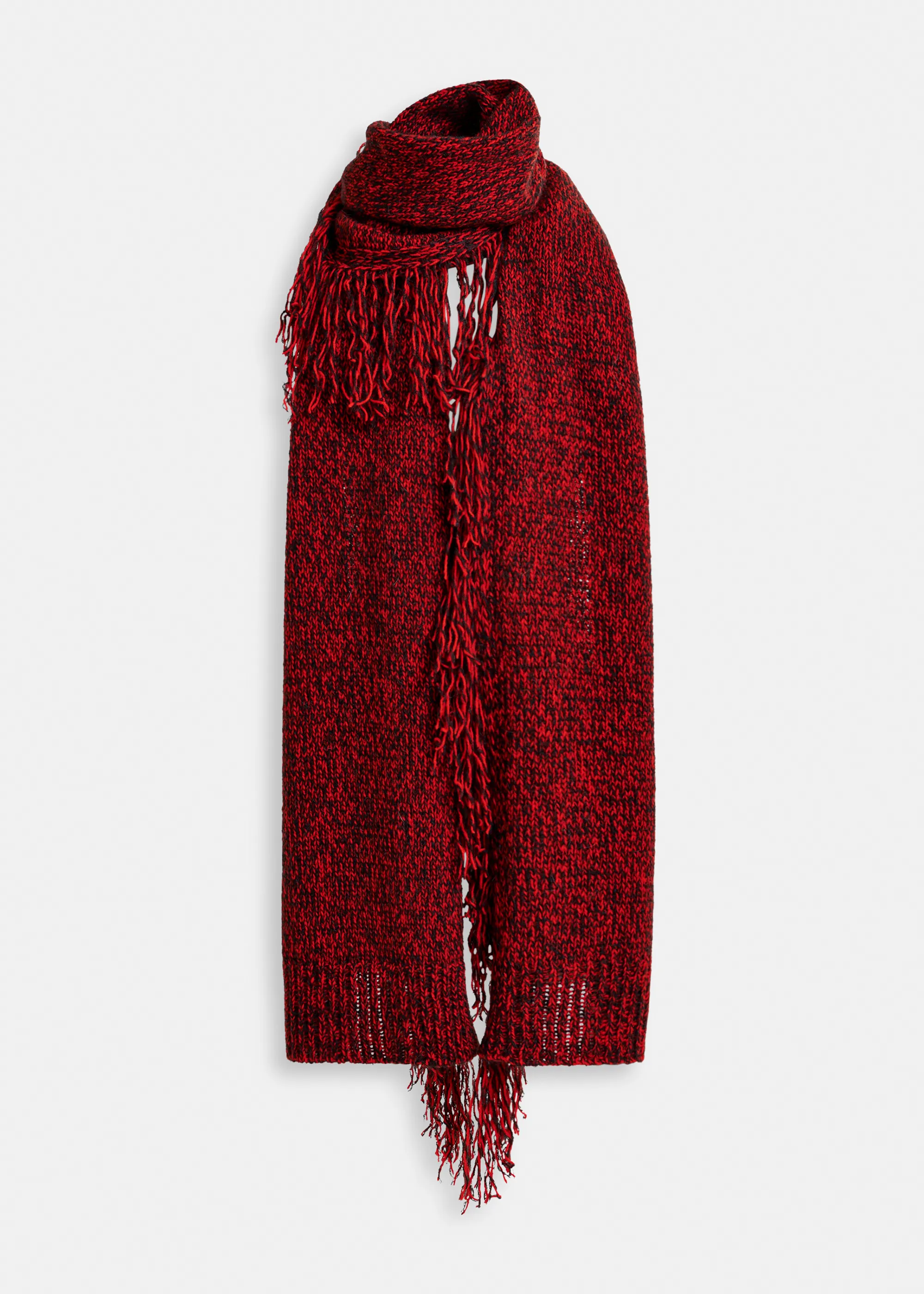 Dark red and black oversized wool-blend scarf with fringe details ...