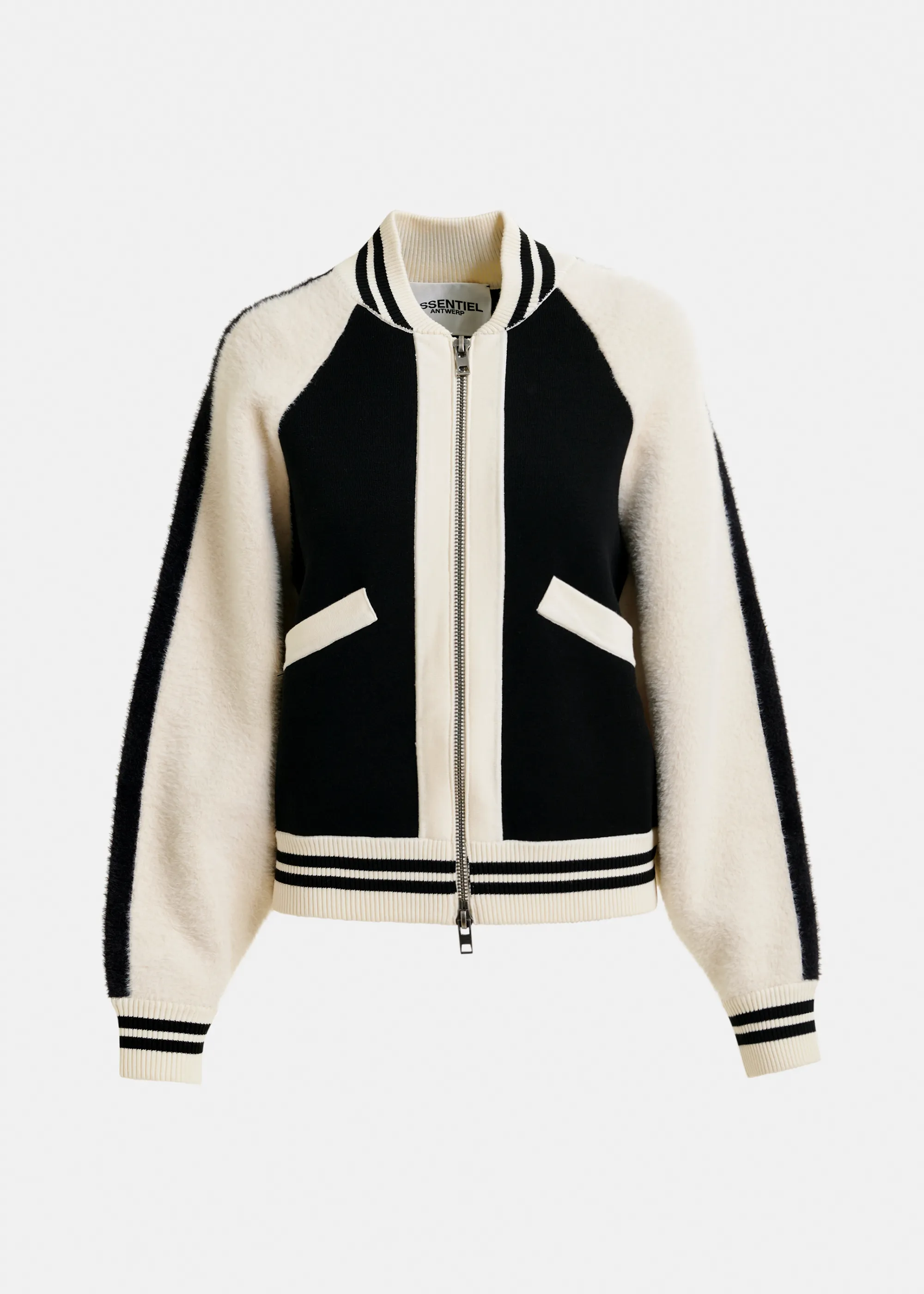 Black and white faux fur-panelled knitted bomber jacket | Essentiel ...