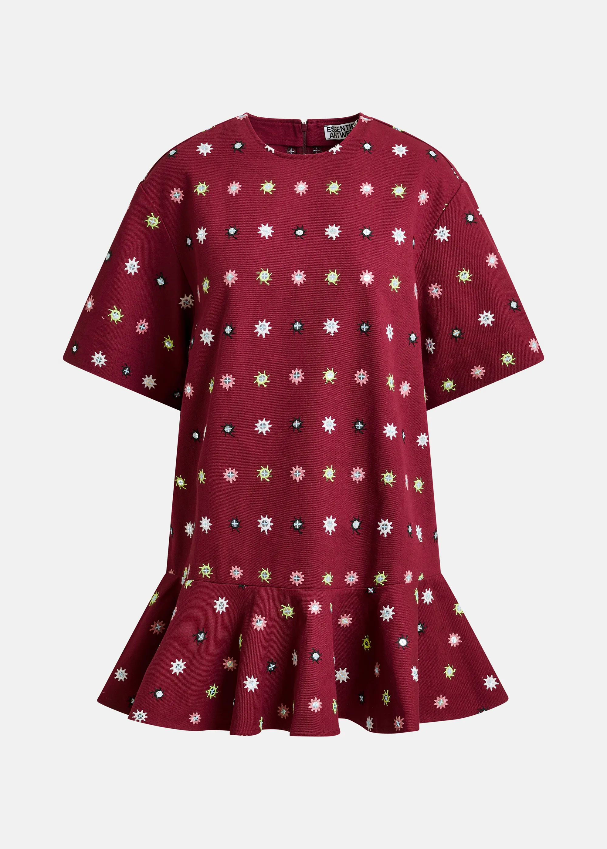 Burgundy and multicolor embroidered oversized dress with mirror accents ...