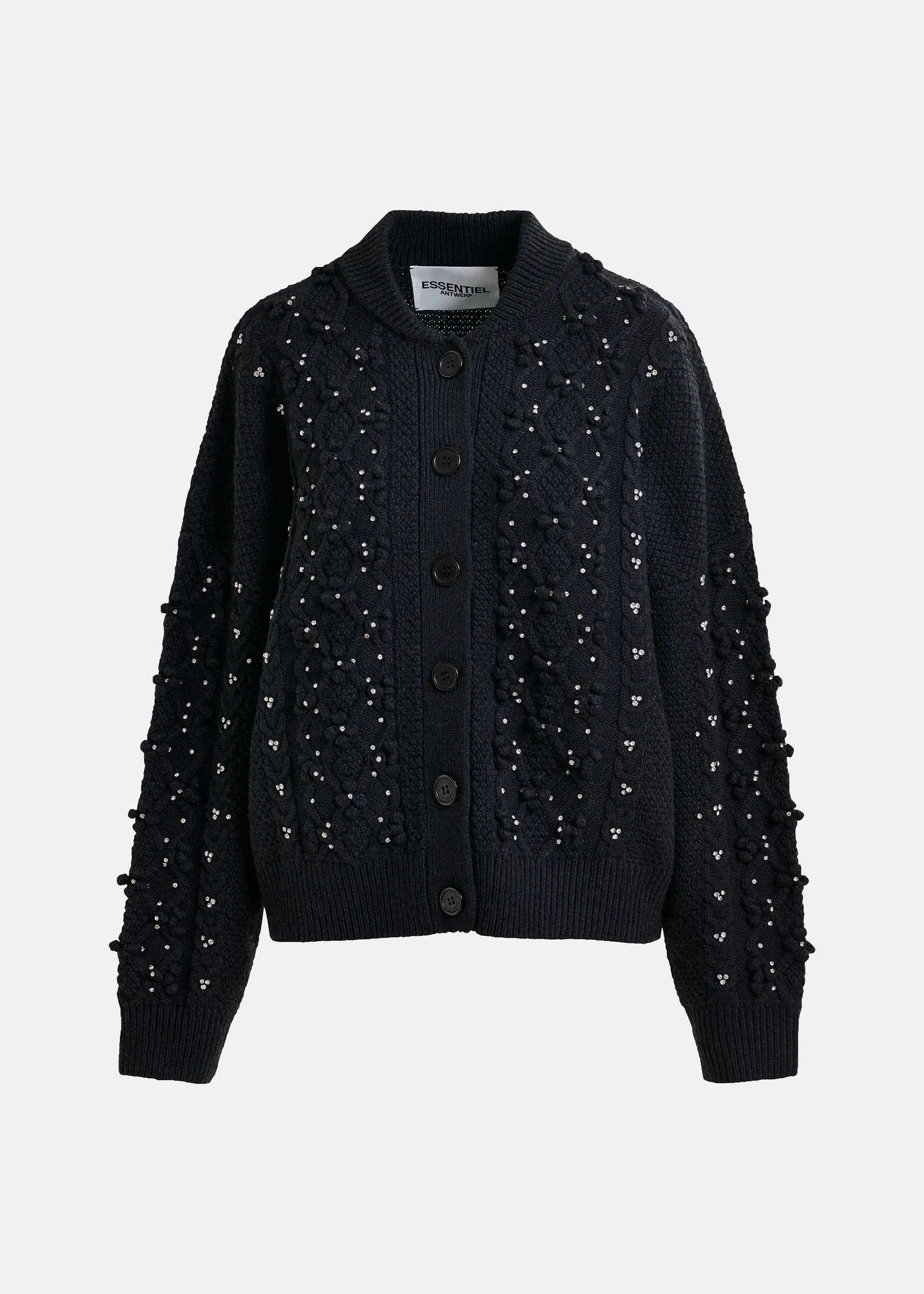 Black cable-knit wool-blend cardigan with rhinestone embellishments ...