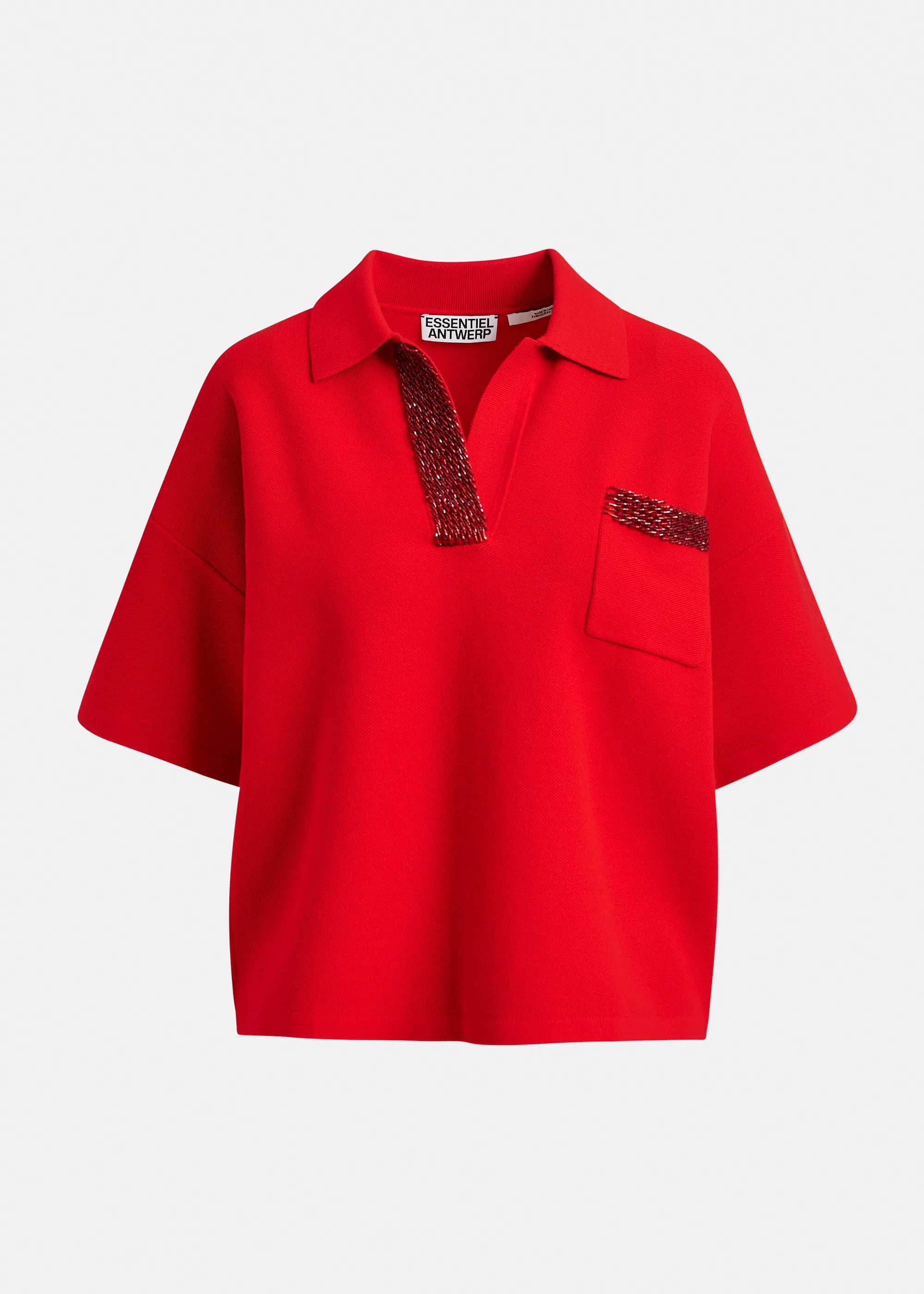 Red polo top with bead embellishments | Essentiel Antwerp United States