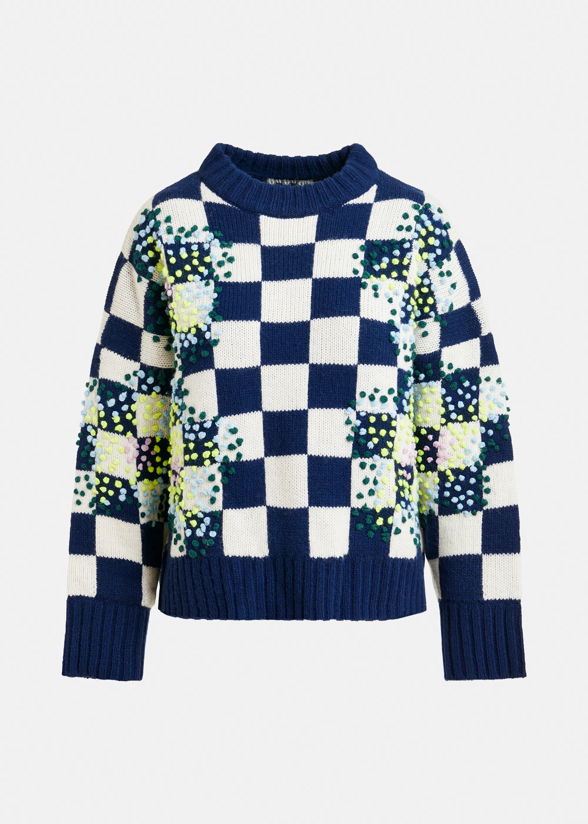 Navy, off-white and yellow checkerboard floral jacquard knit sweater ...