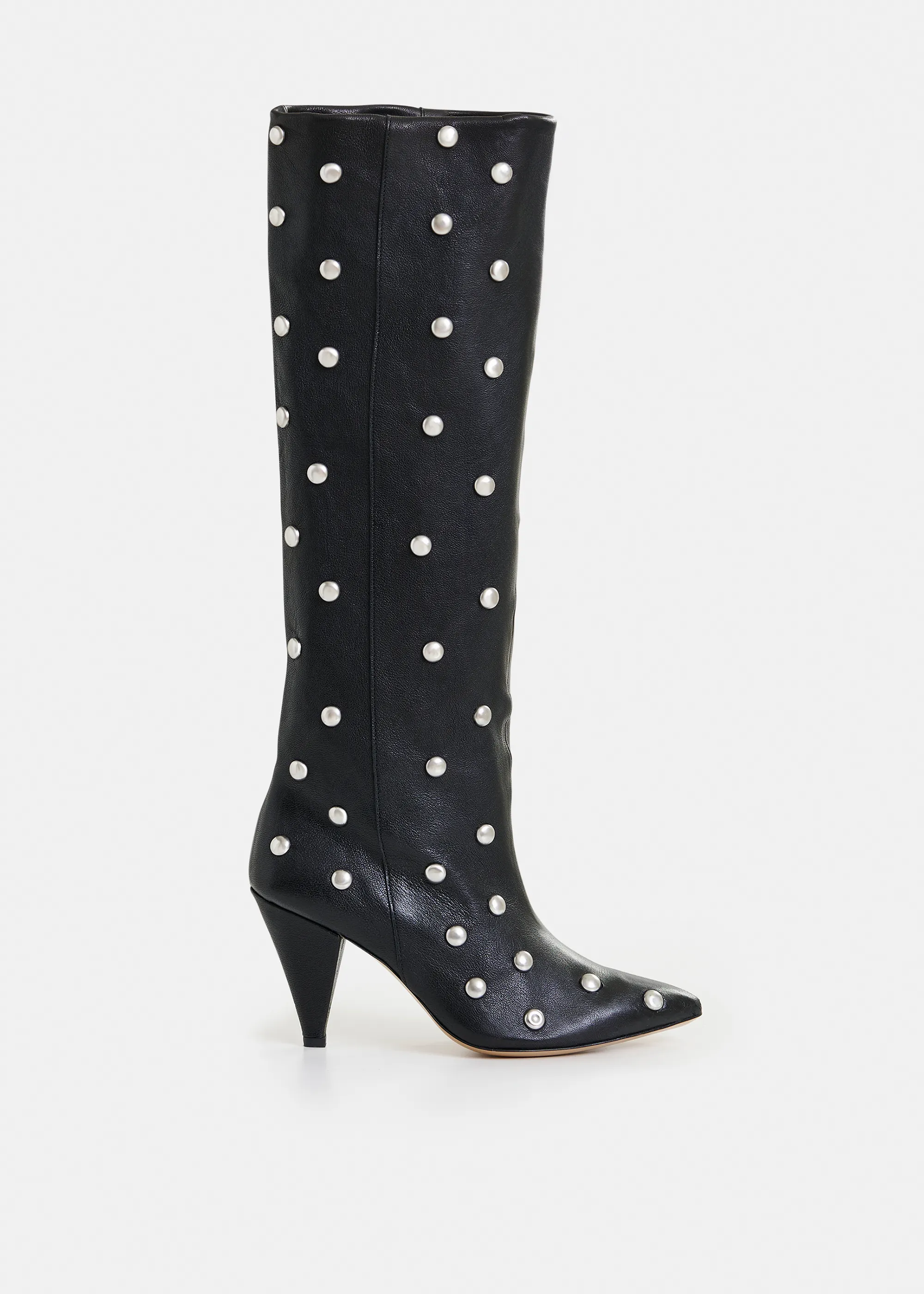 Black studded leather knee-high cone heel boots | Essentiel Antwerp ...