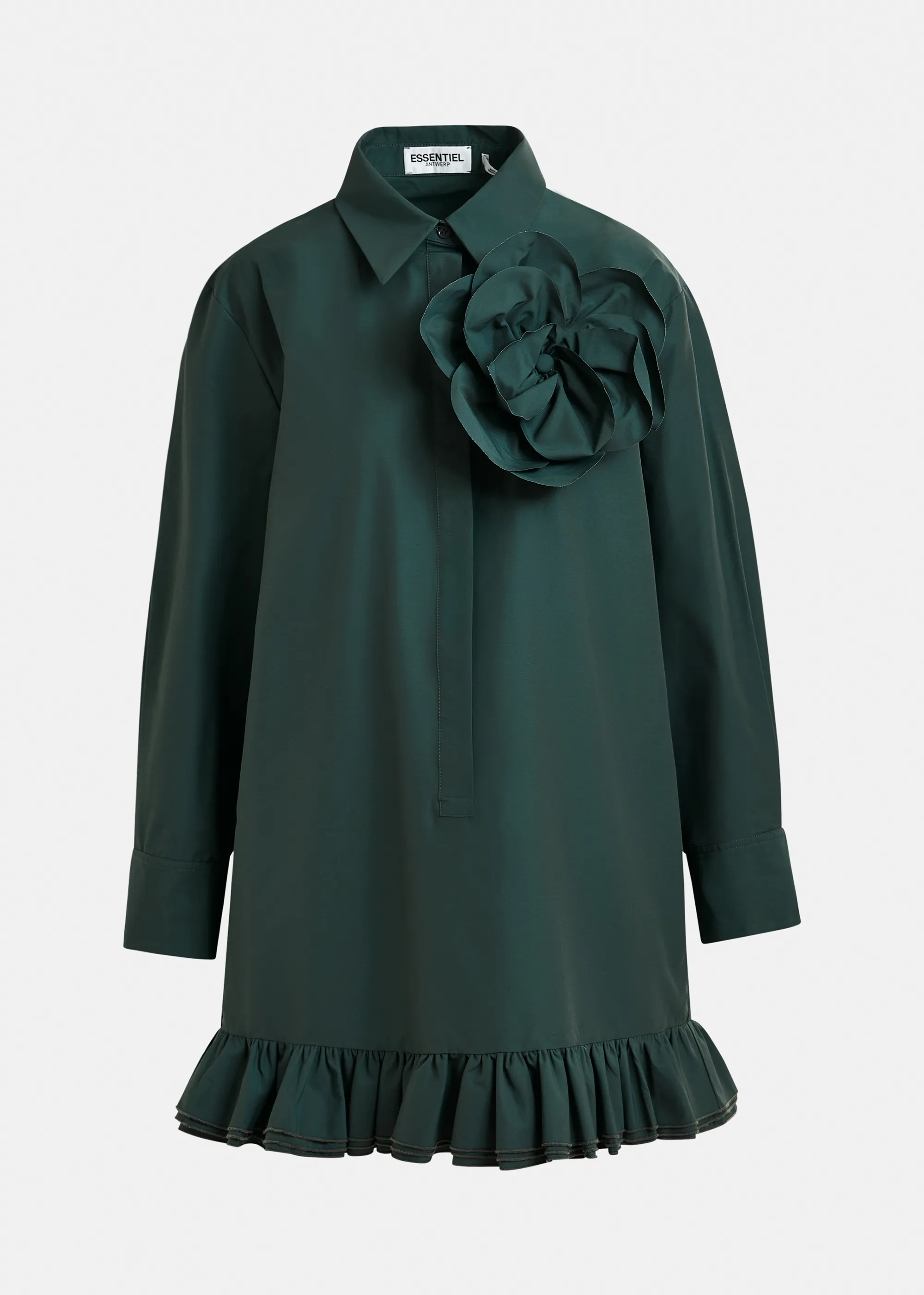 Dark teal green ruffled mini shirt dress with self-fabric flower ...