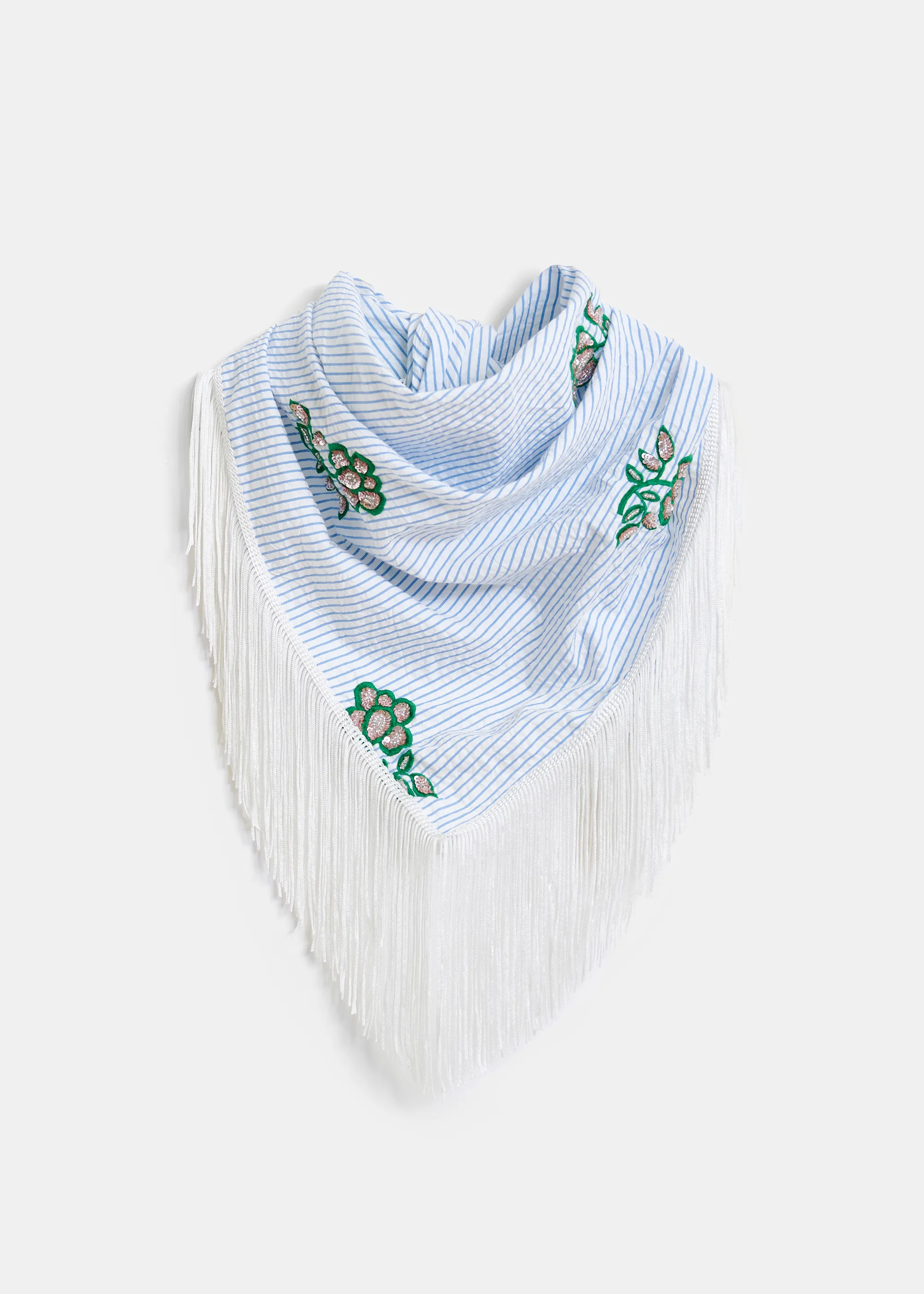 Off-white cotton scarf with light blue pinstripes and delicate embroidered embellishments ...