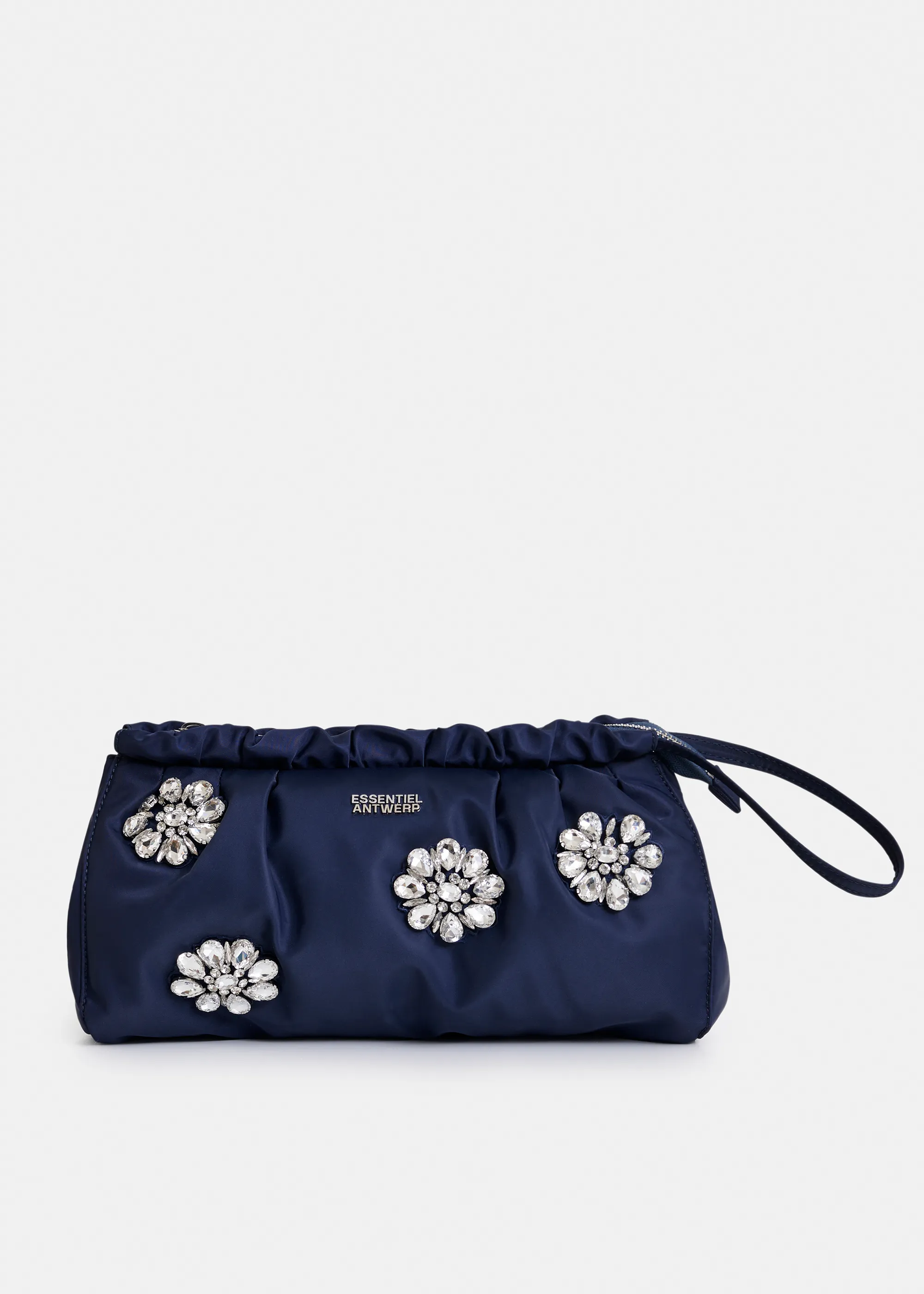 Pochette in raso blu navy con decorazioni floreali in strass ...