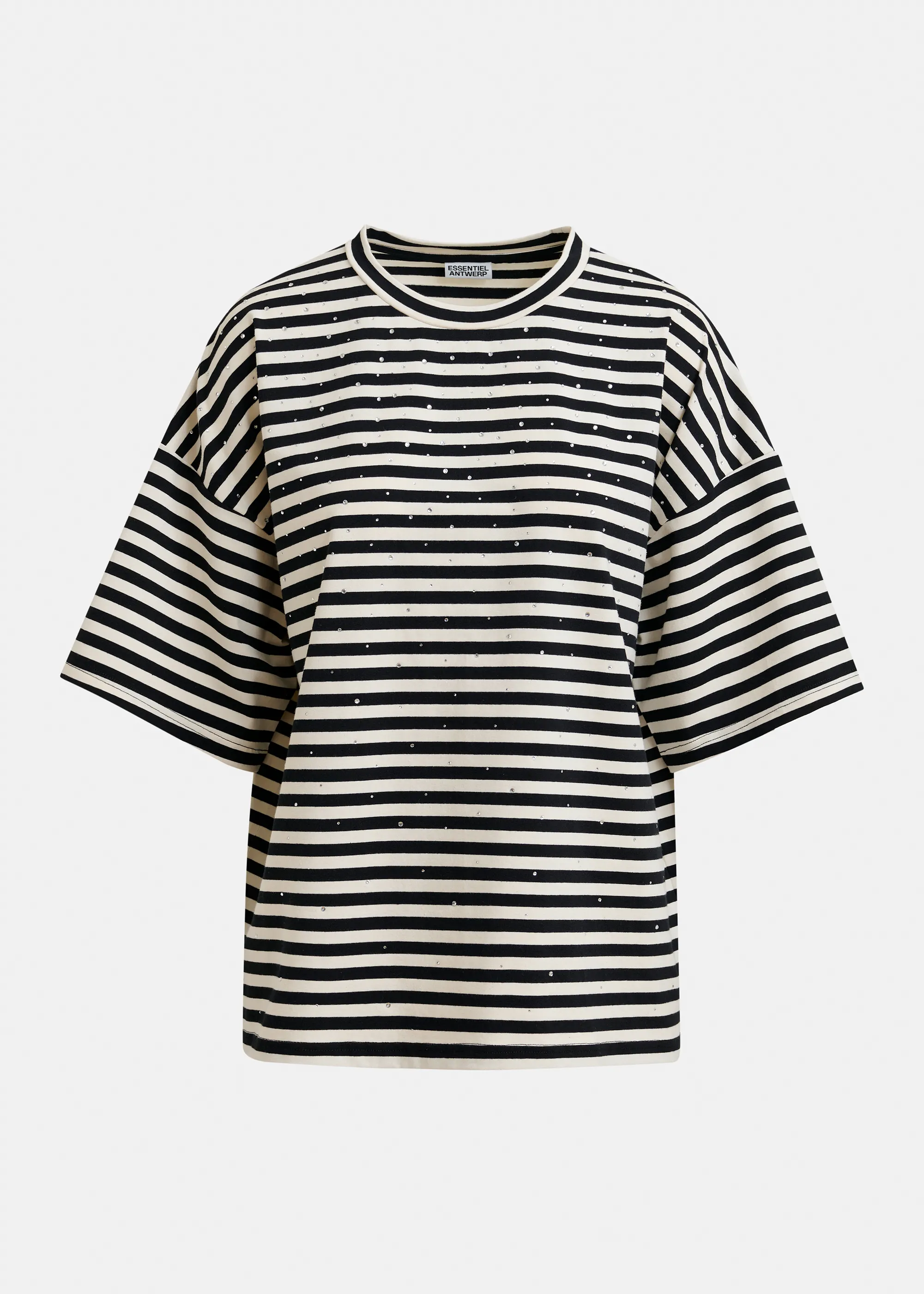 Zwart-wit gestreept oversized T-shirt met stras | Essentiel Antwerp België